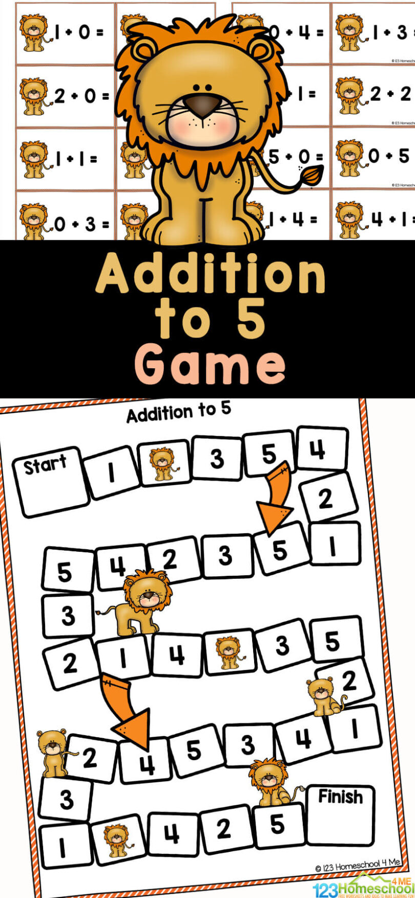🦁 FREE Printable Lion Addition to 5 Math Games