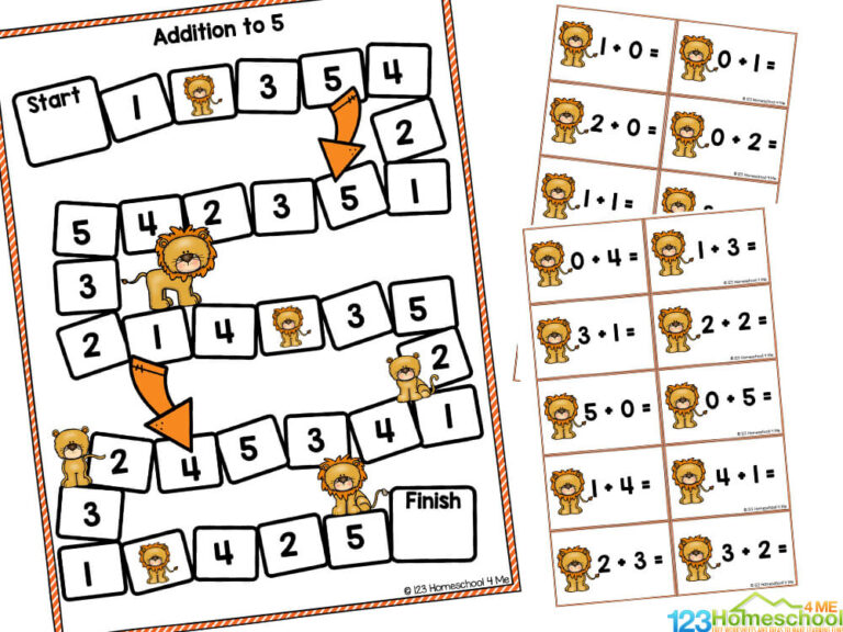 🦁 FREE Printable Lion Addition to 5 Math Games
