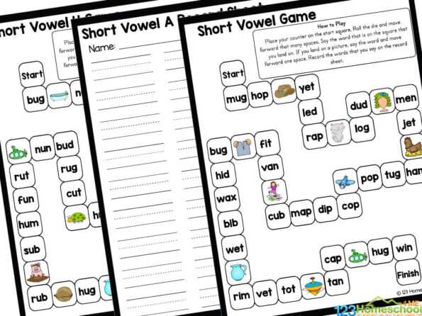 FREE Short Vowel Sounds Board Games for Kindergarten