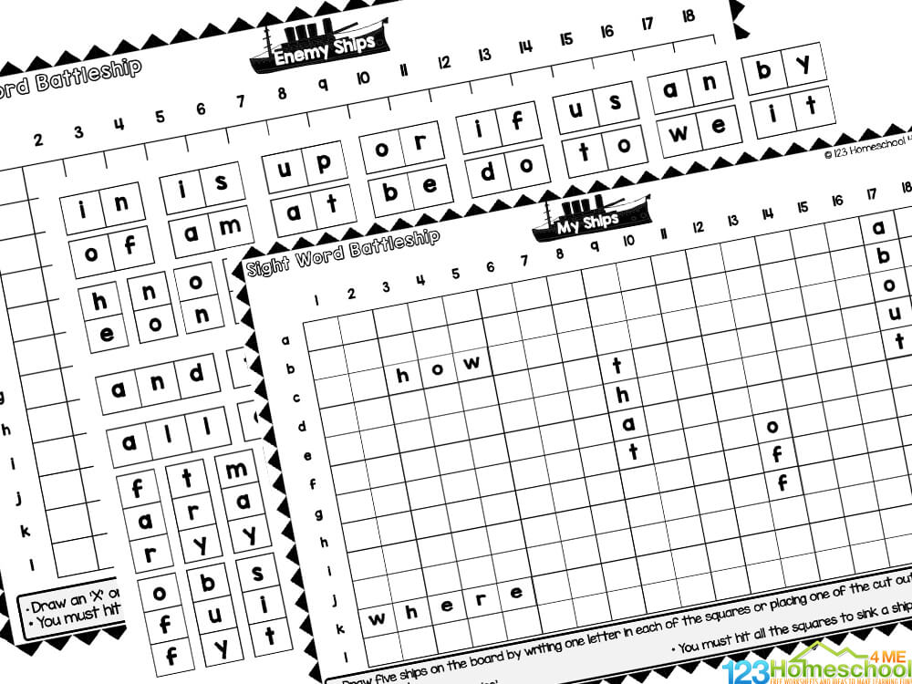 FREE Printable Sight Words Battleship Game