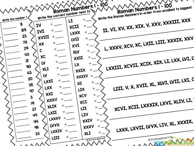 Roman Numbers Counting 1 to 100 Worksheets