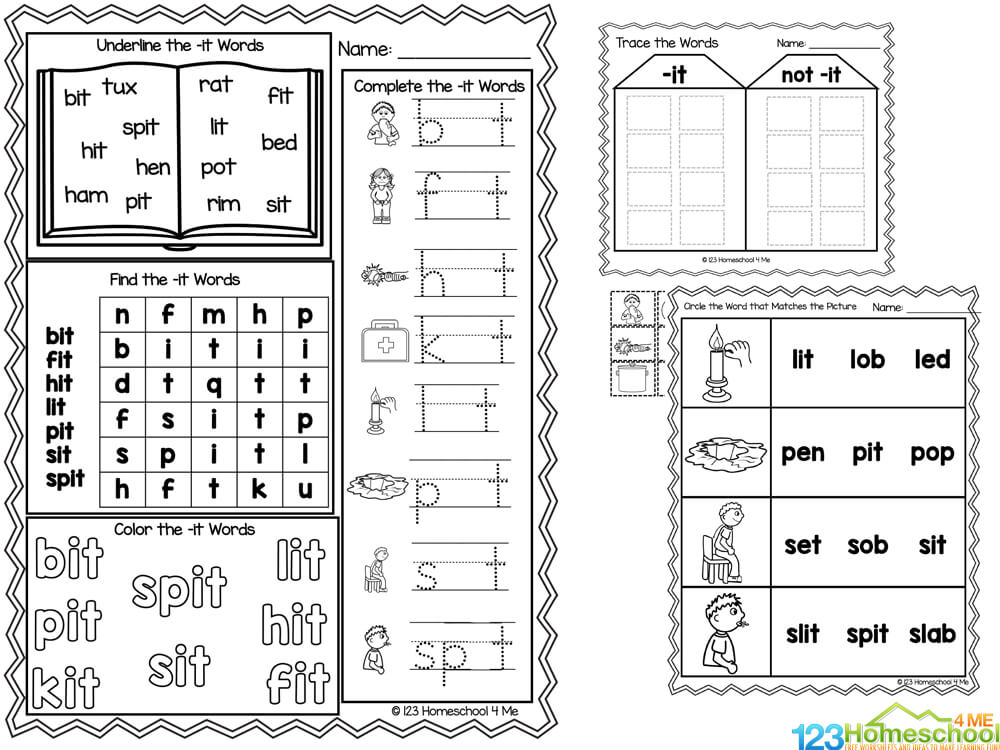 FREE Printable -it Word Family Worksheets for Kindergarten