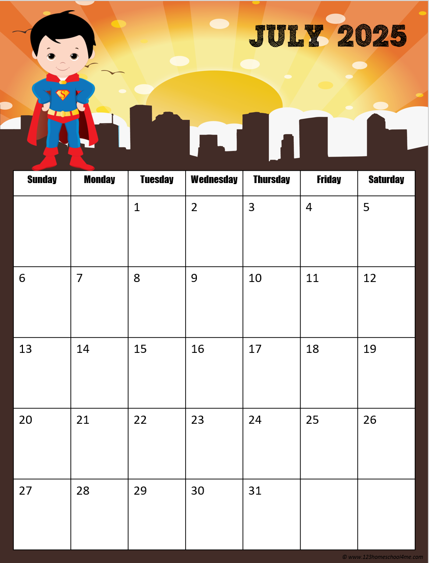 FREE Printable Superhero Calendar 2025-2026