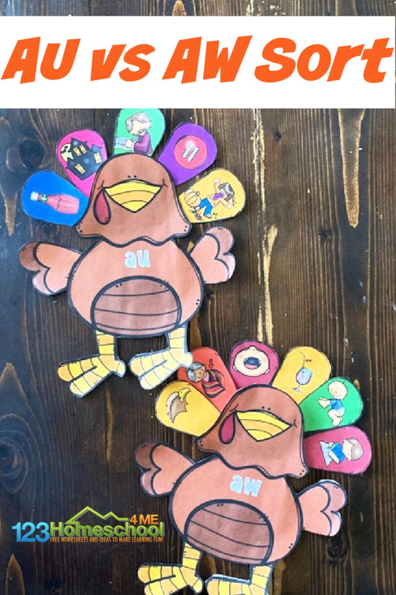 🦃 Au and Aw words Turkey Feathers Phonics Vowel Team Activity
