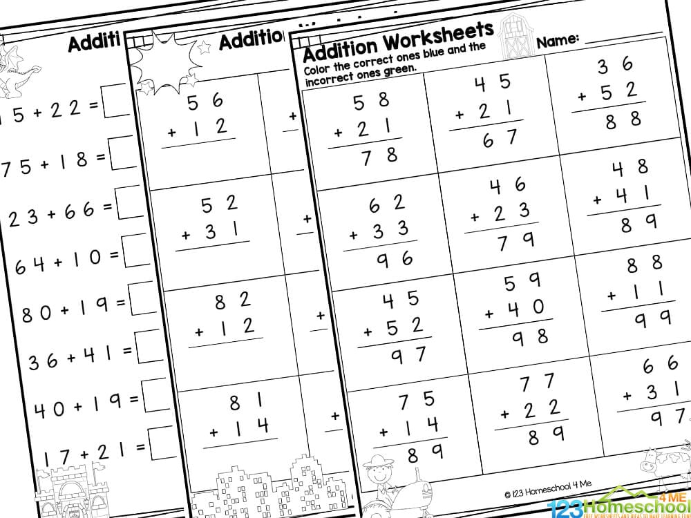 FREE Printable 2-Digit Addition Worksheets with / without Regrouping