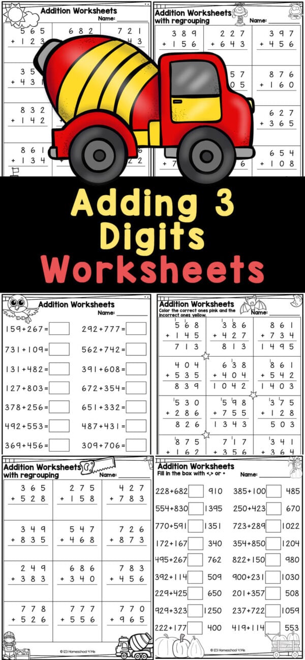 FREE Printable 3-Digit Addition Math Worksheets (with Answer Key!)