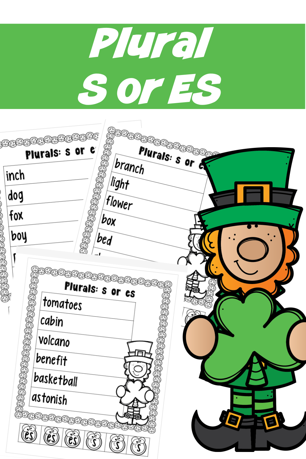 ☘ FREE Printable St Patricks Day Plural s or es Worksheet Activity