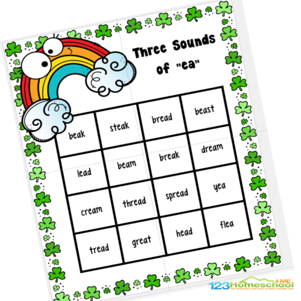 St. Patrick's Three EA Sound Words BINGO Phonics Game