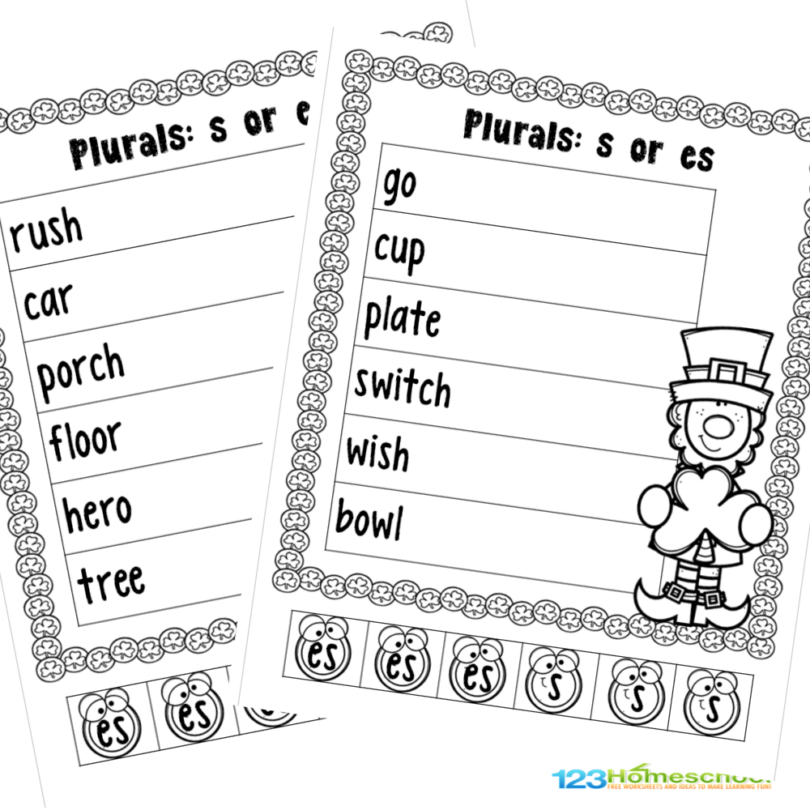 ☘ FREE Printable St Patricks Day Plural s or es Worksheet Activity