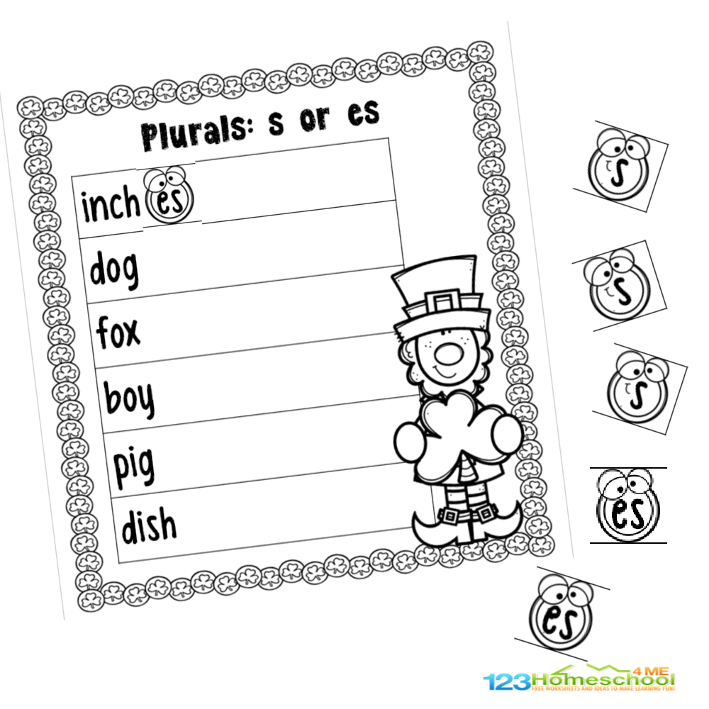 ☘ FREE Printable St Patricks Day Plural s or es Worksheet Activity