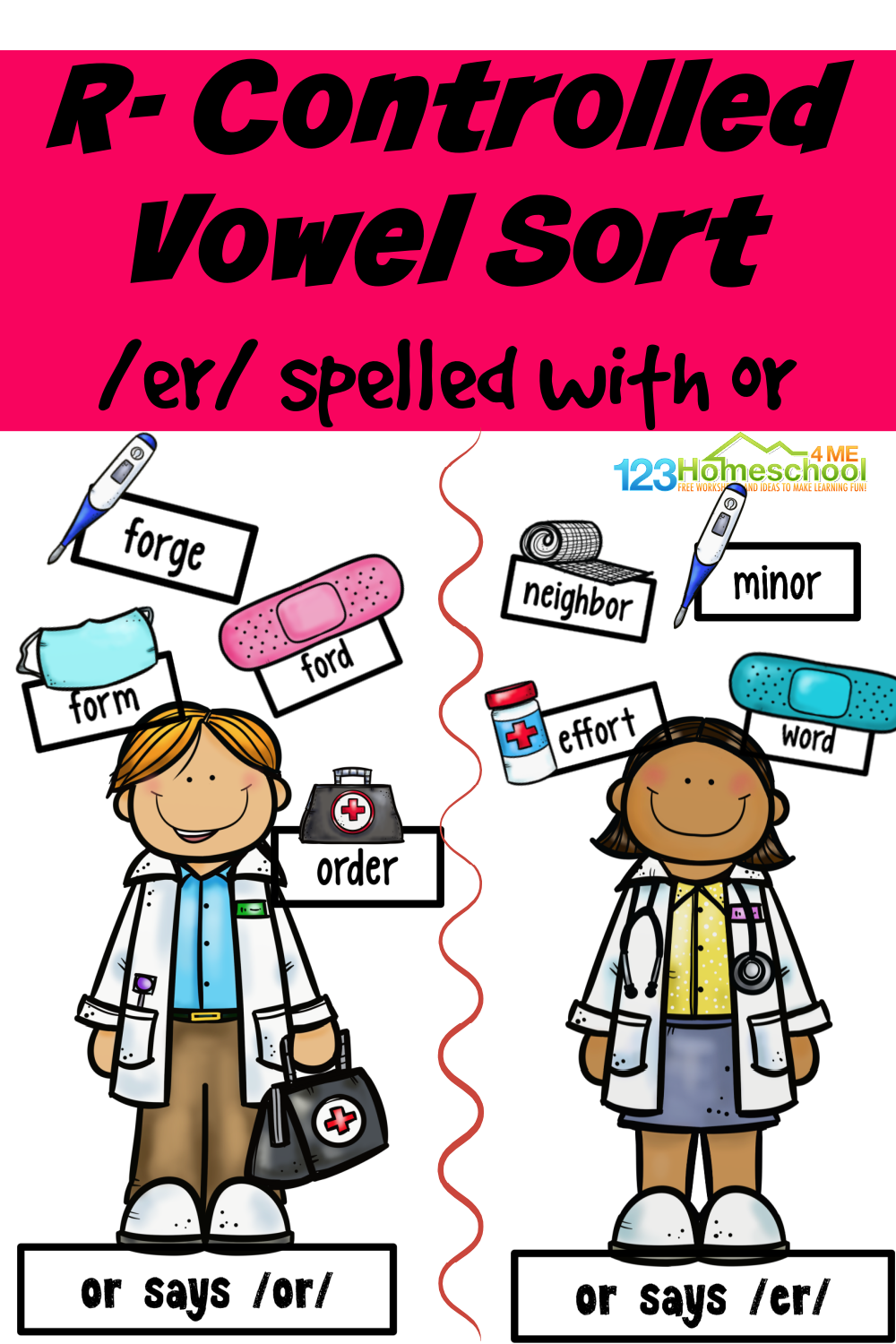 FREE Printable R Controlled Vowels Sort with "or" Sound Words that Say "er"
