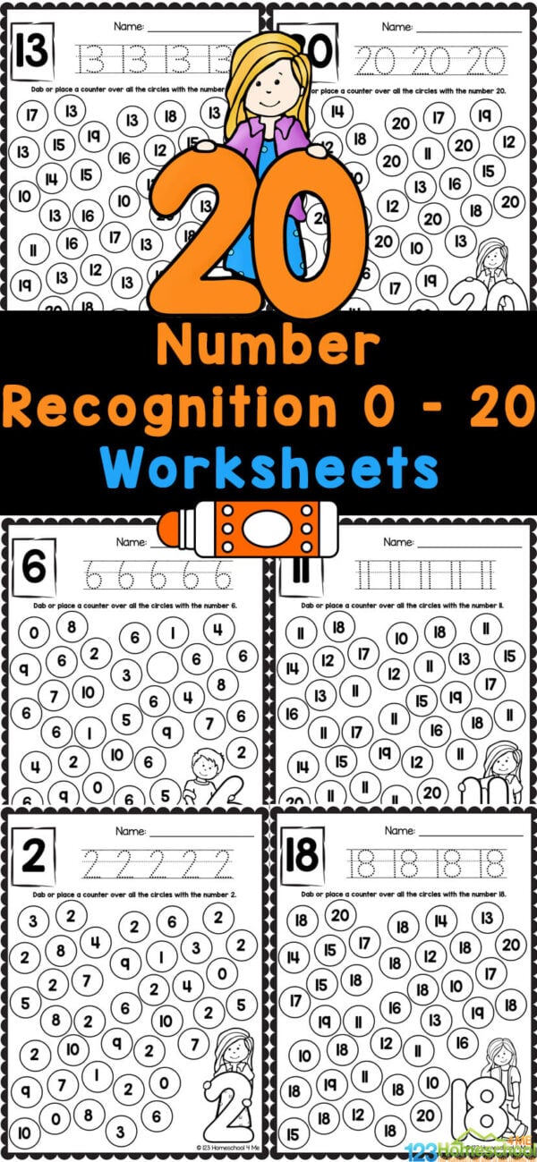 FREE Printable Number Recognition Worksheets - Numbers to 20