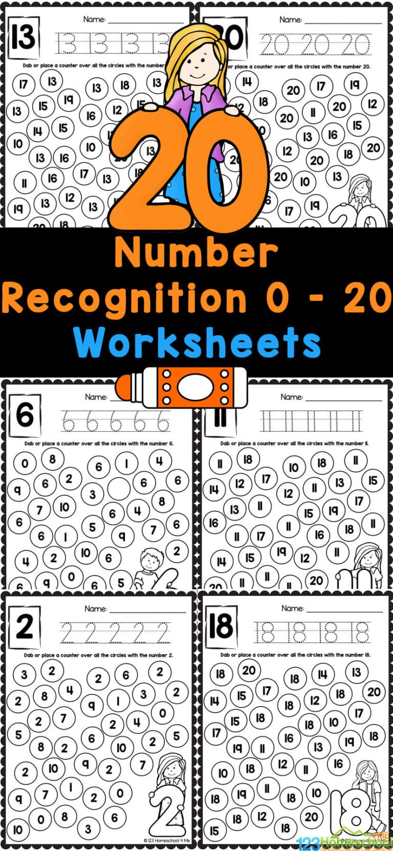 FREE Printable Number Recognition Worksheets - Numbers to 20