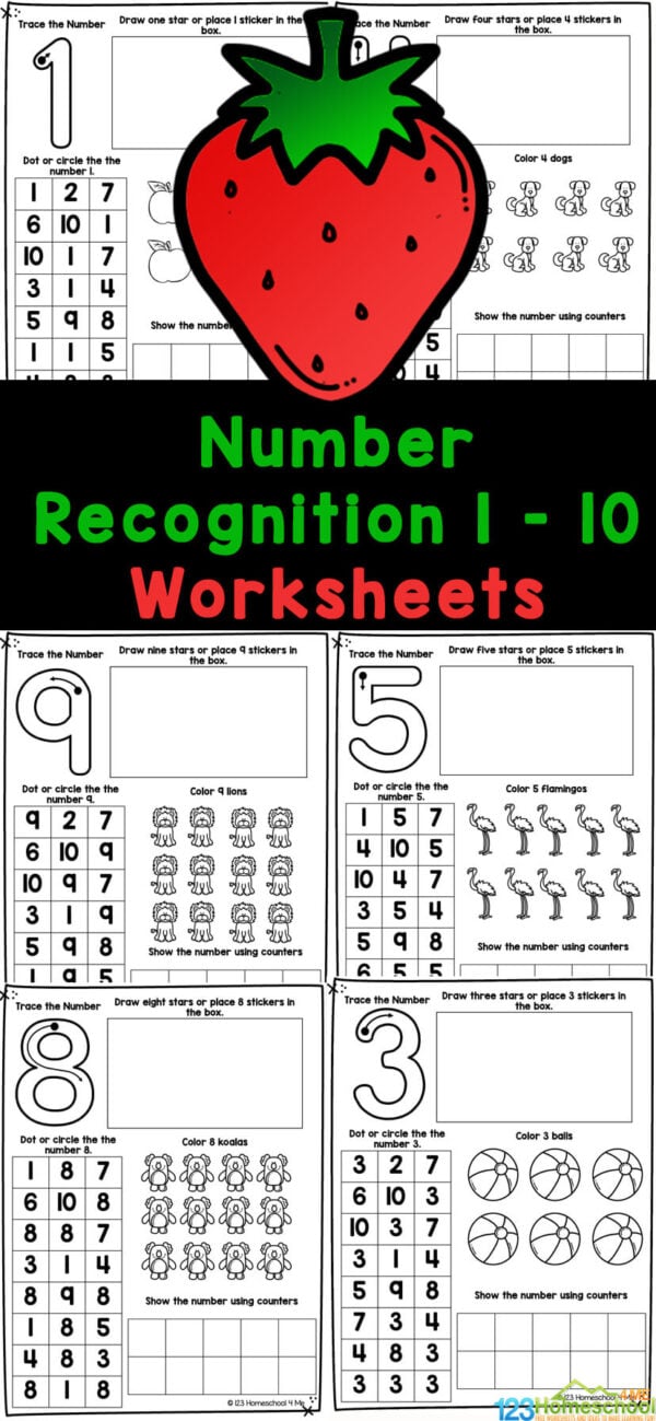 FREE Printable Number Recognition 1-10 Worksheets for Preschool
