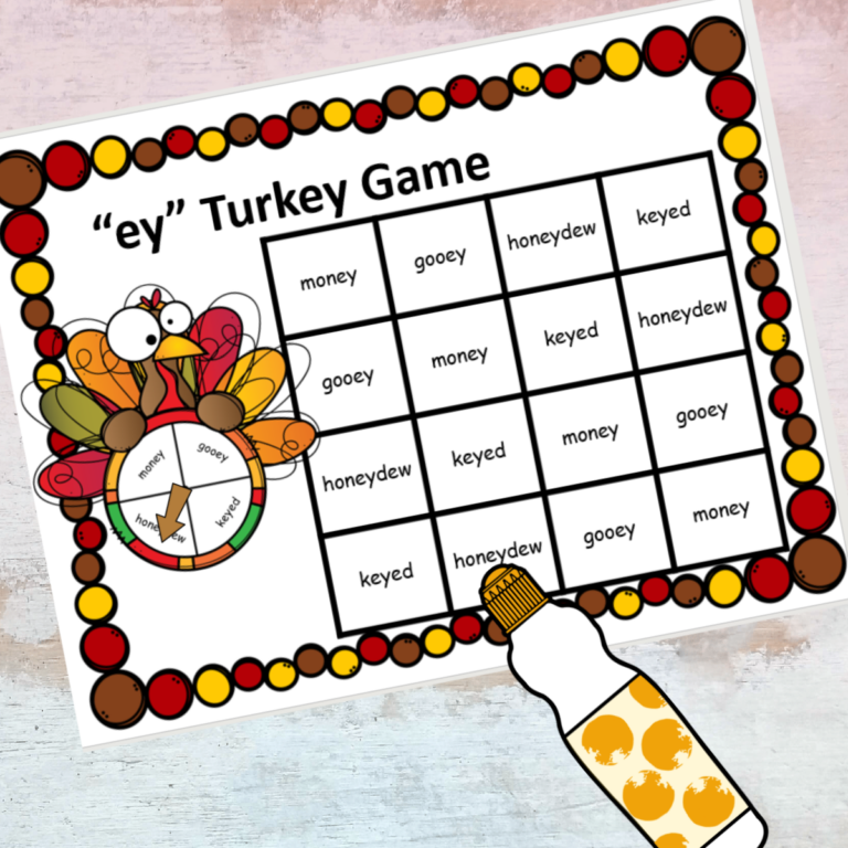 Phonics Long E Words Spelled ey Turkey Game (Free Printable!)