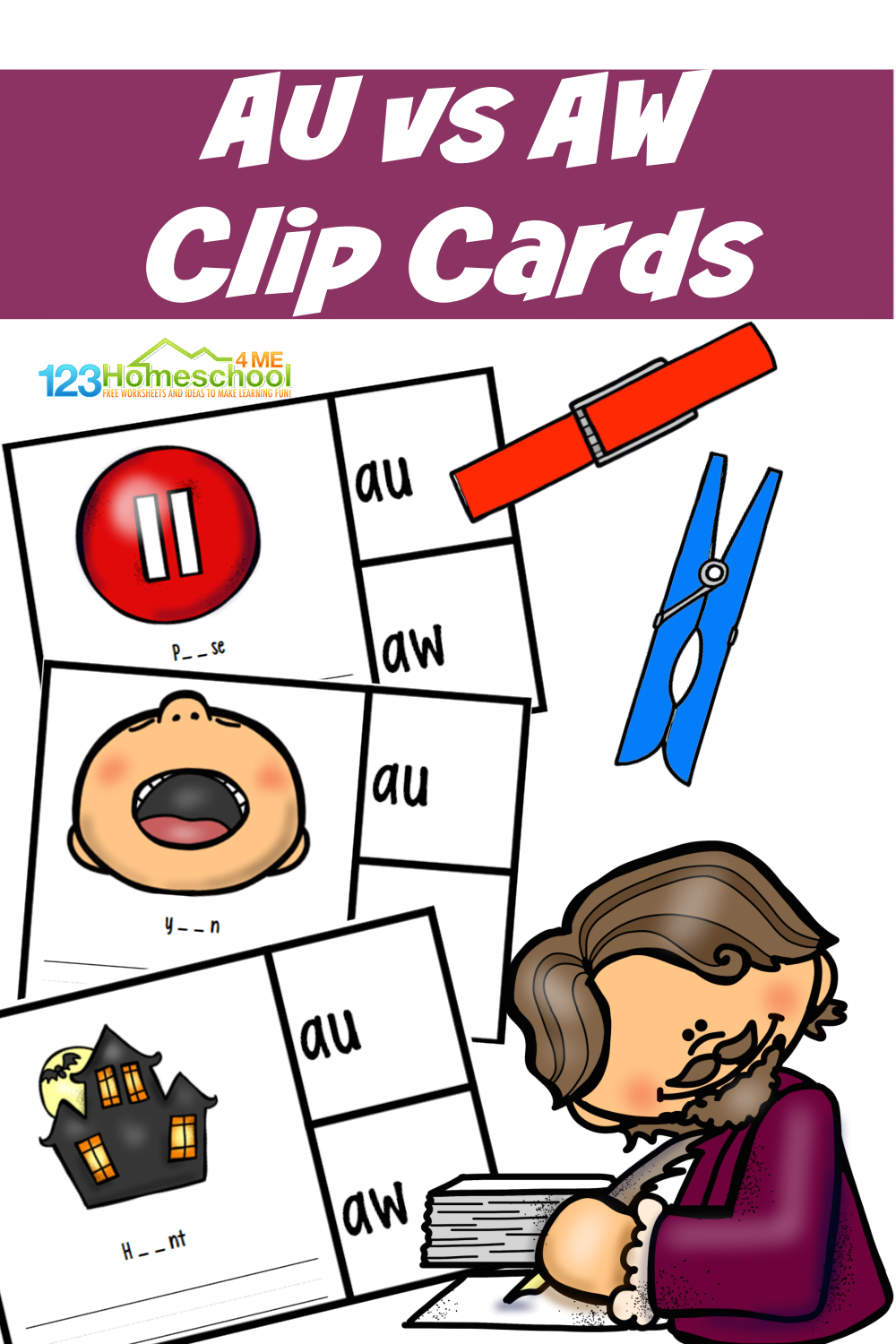 AU and AW words - Free Printable Clip Card Activities
