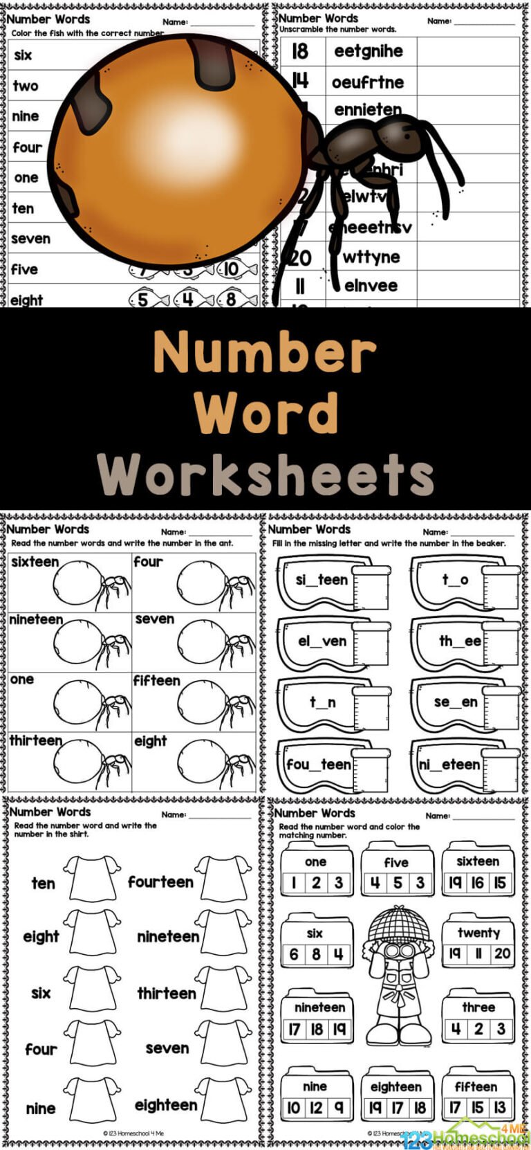 Number Name Worksheets - Learning to Write 1 to 20 in Words