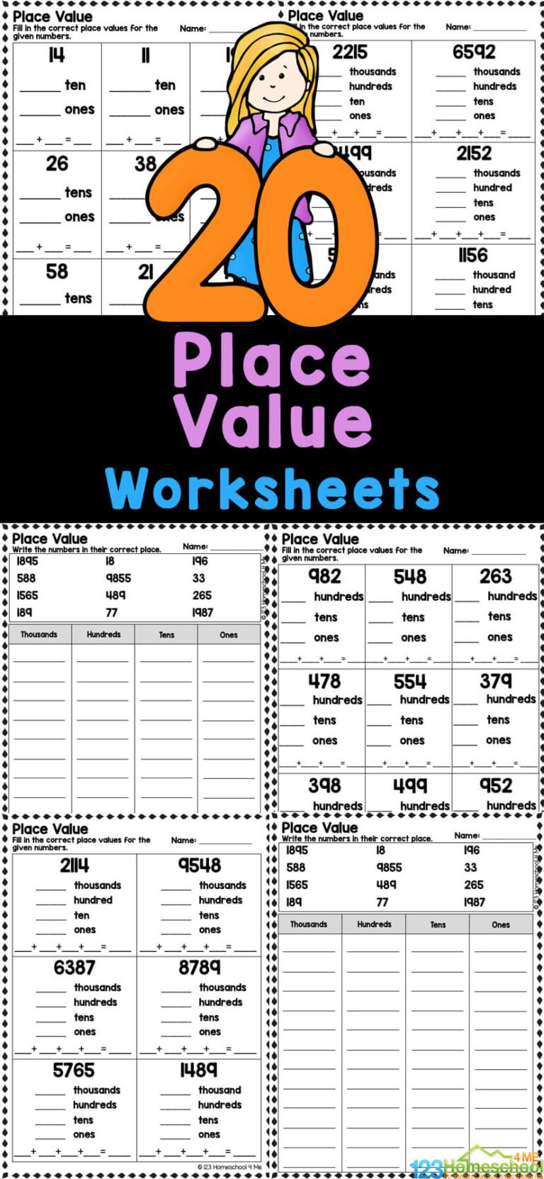 Place Value Worksheets - Practice with 2, 3, and 4 Digit Numbers