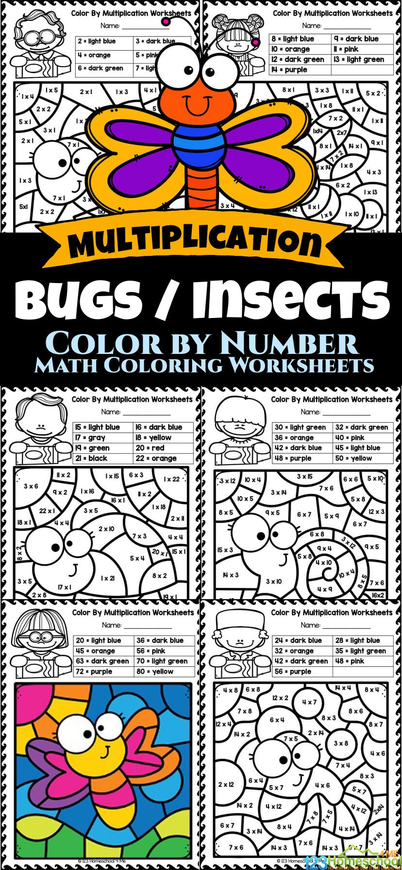 Bug Multiplication Color by Number Worksheets