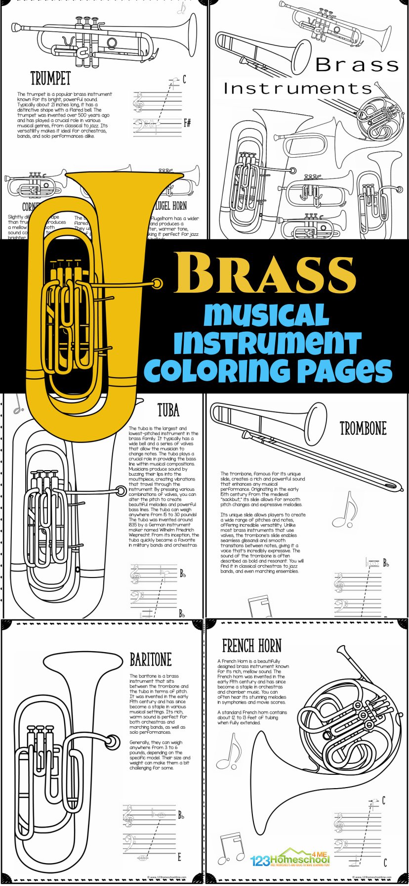 🎺 Musical Instrument Coloring Pages - Brass Instruments Pictures