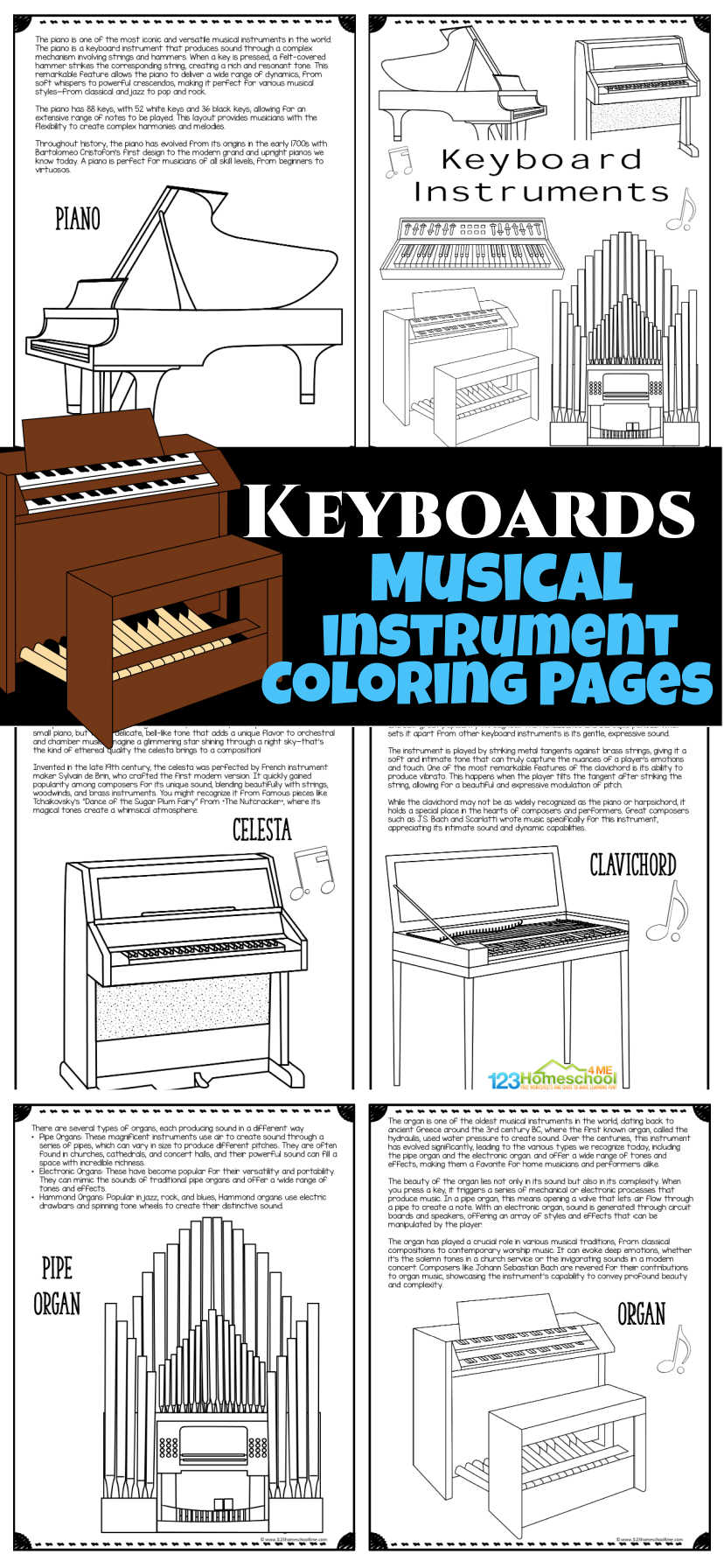 Keyboard Musical Instrument Coloring Pages - Piano, Organ