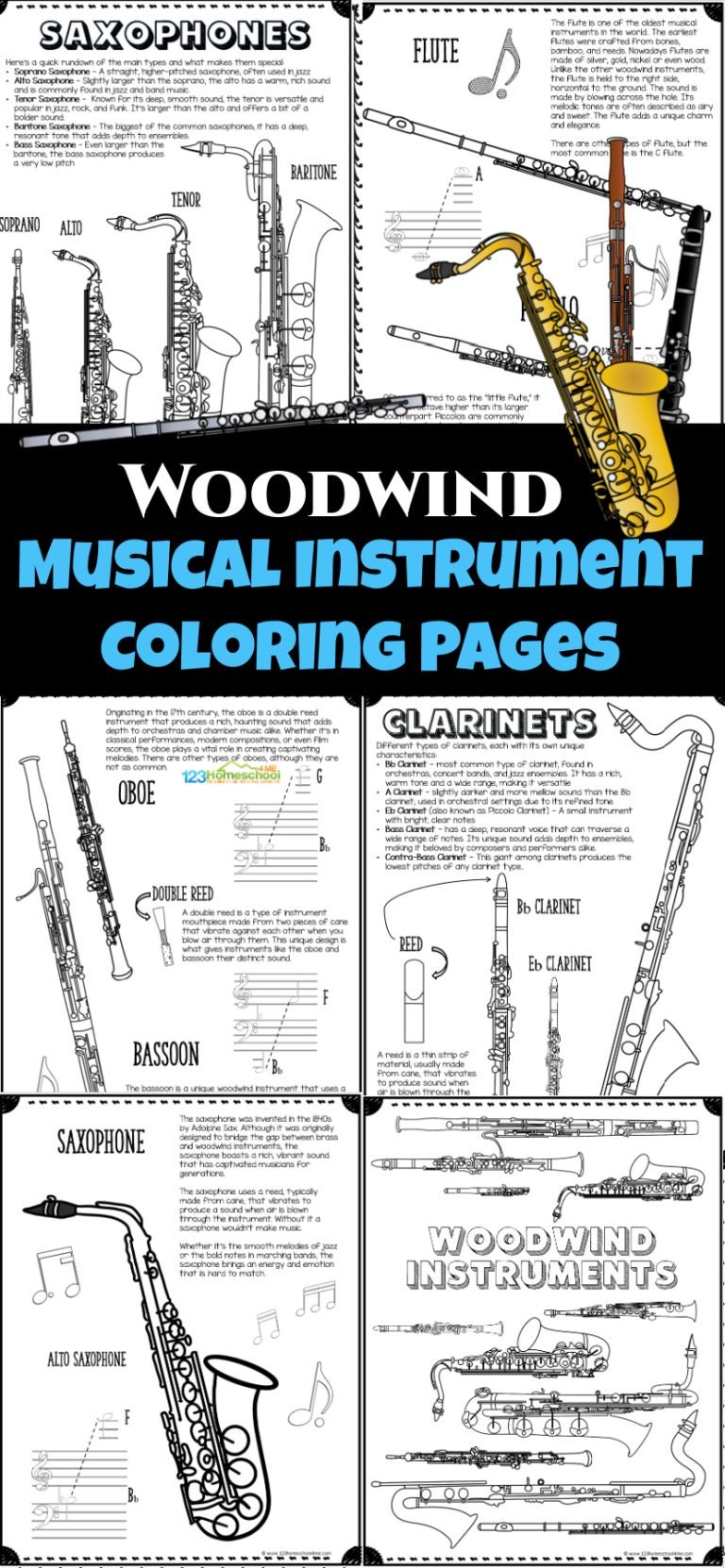 🎷 Musical Instrument Coloring Pages - Woodwind Instruments
