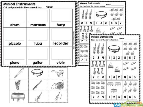 🎷 Musical Instrument Themed Worksheets for Preschool and Kindergarten