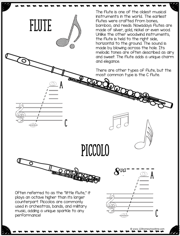 🎷 Musical Instrument Coloring Pages - Woodwind Instruments