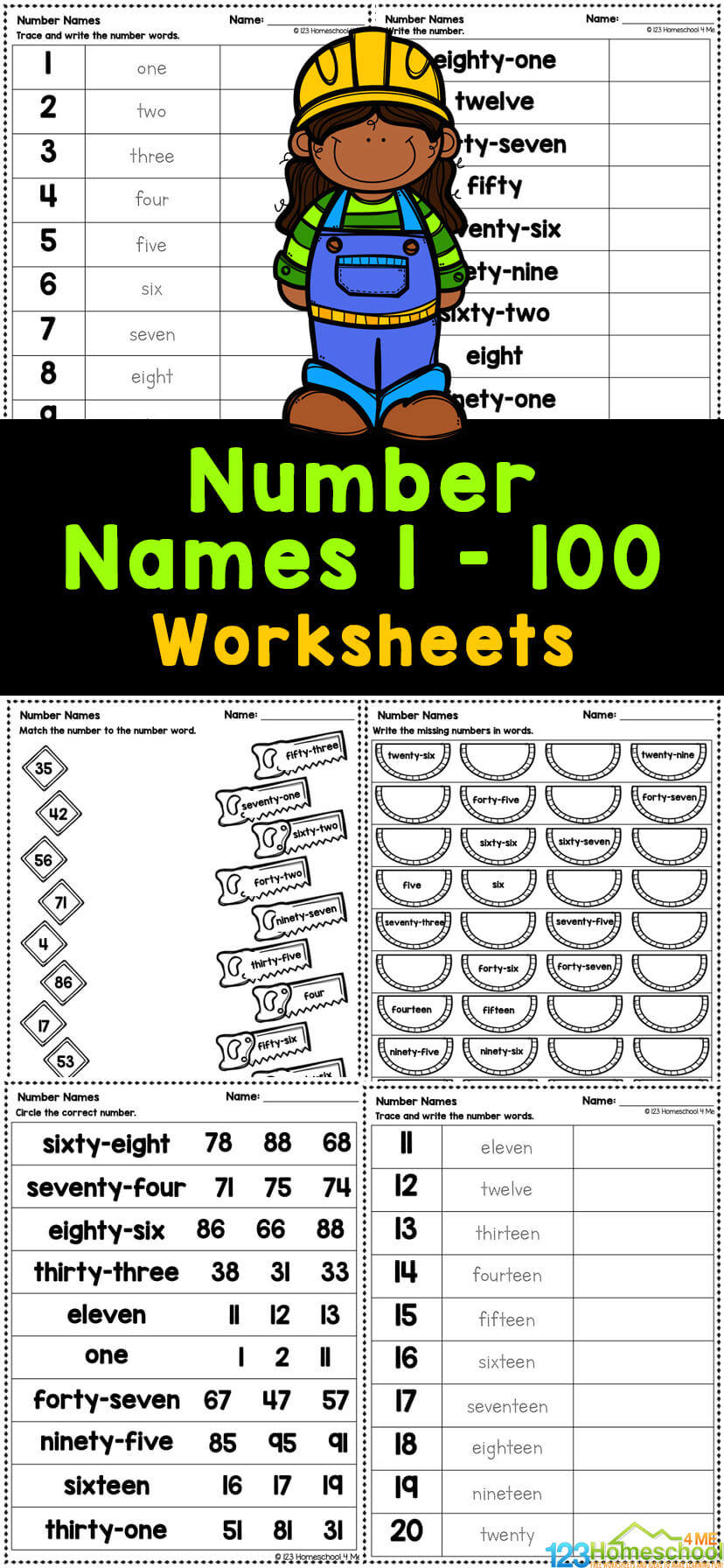 Free Printable Number Names 1 to 100 Worksheet pdf