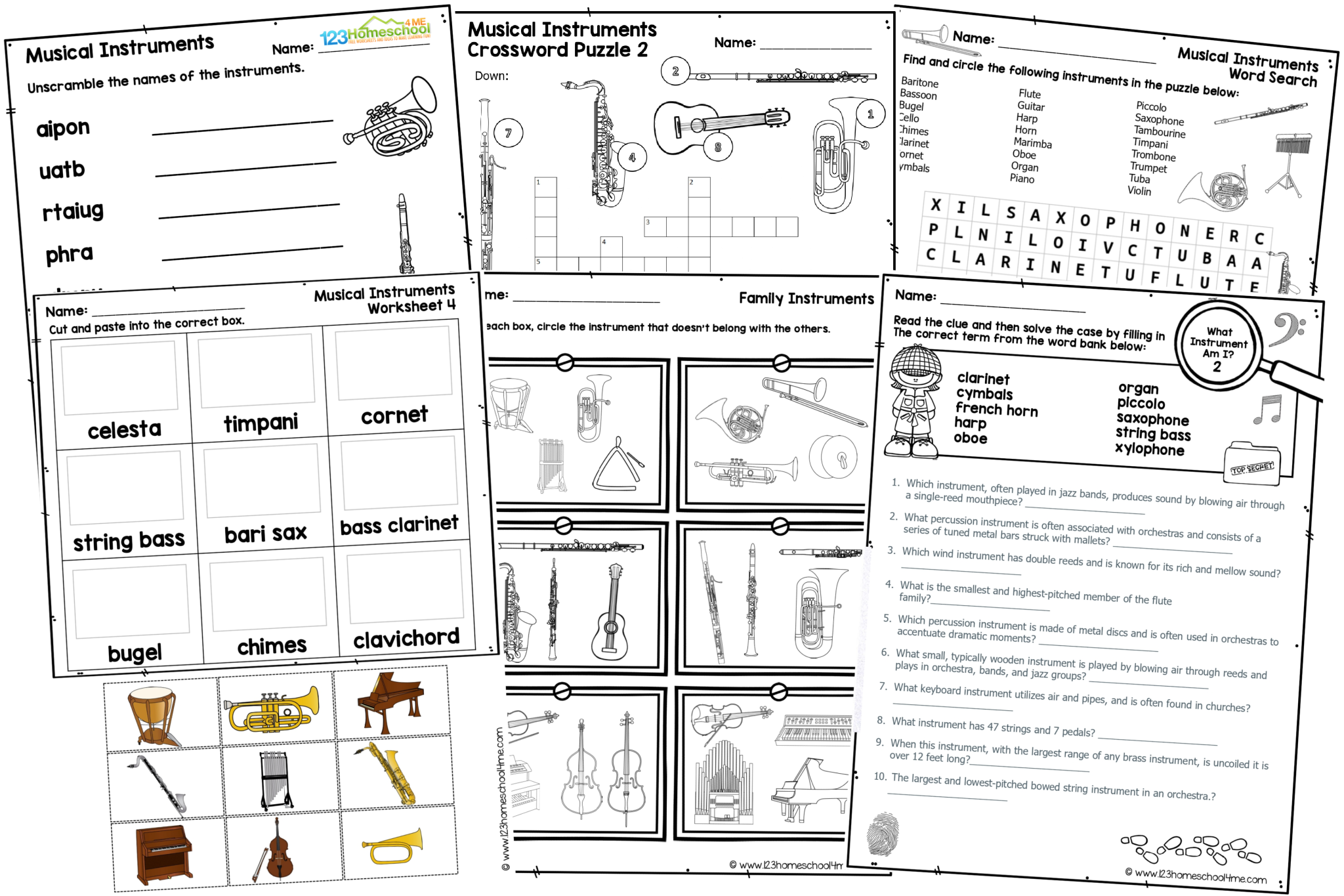 Musical Instruments Pictures with Names Worksheet