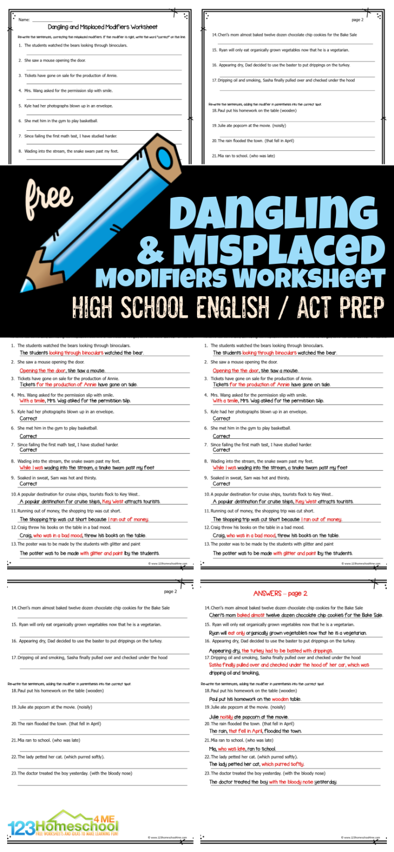 Dangling and Misplaced Modifiers Worksheet with Answers pdf