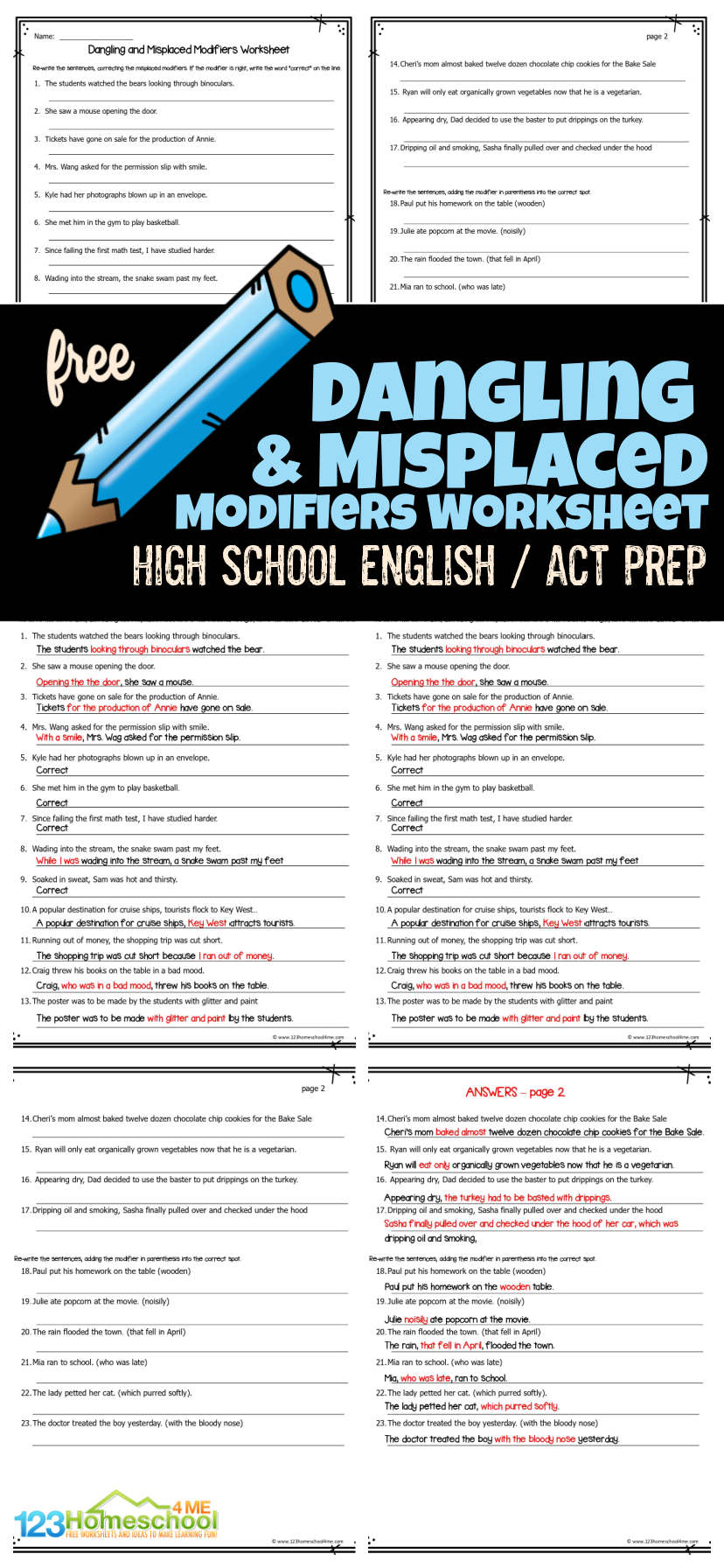 Dangling and Misplaced Modifiers Worksheet with Answers pdf