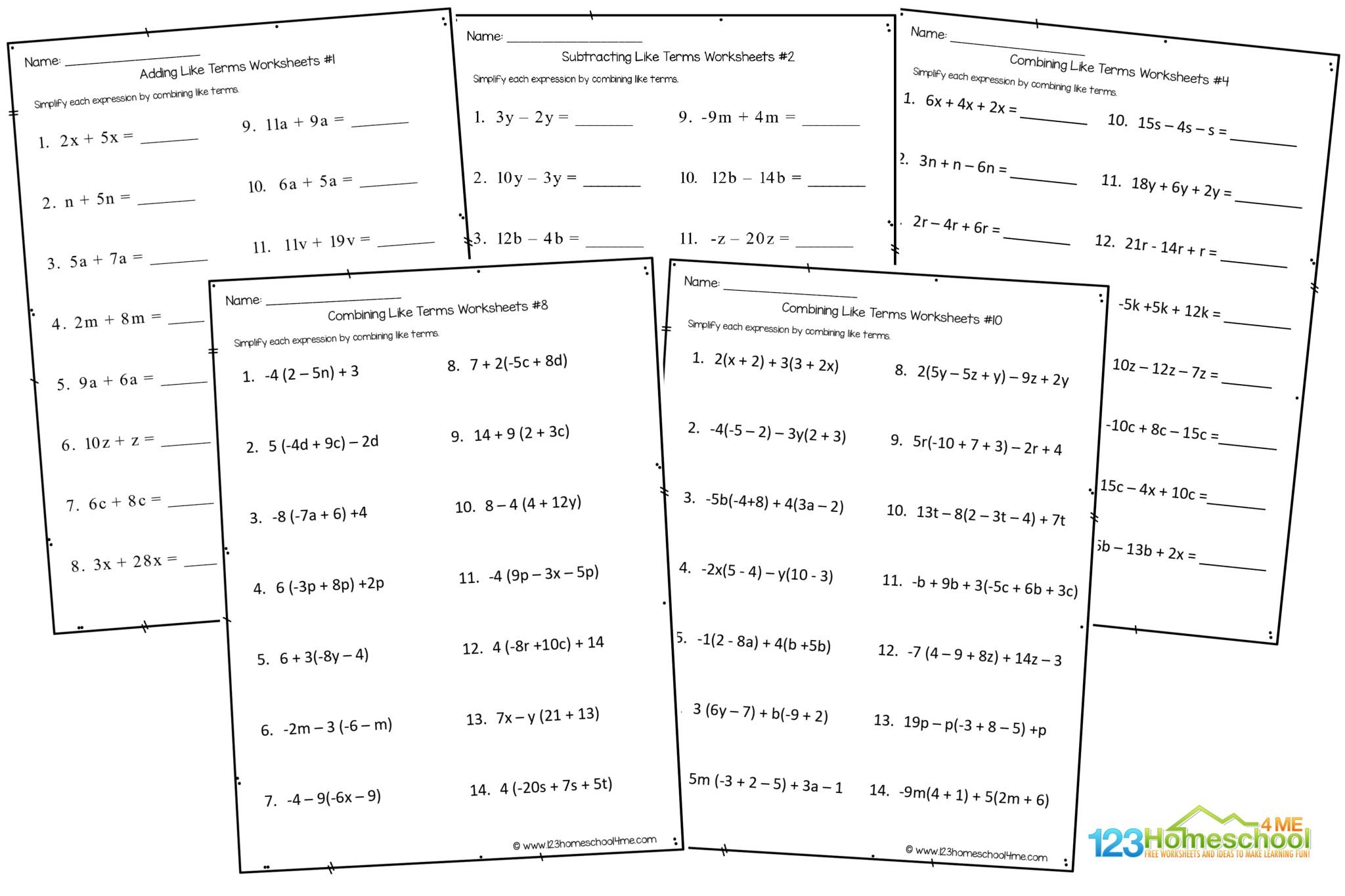Combining Like Terms Worksheets pdf with Answers (Algebra)