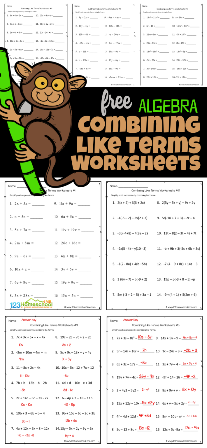 Combining Like Terms Worksheets pdf with Answers (Algebra)