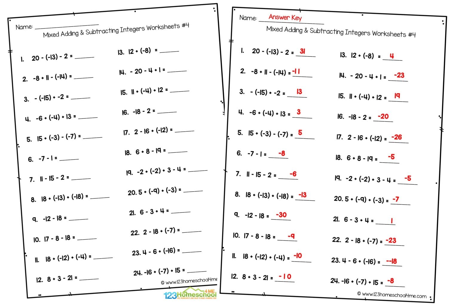 Integers Worksheets for Grade 7 Math