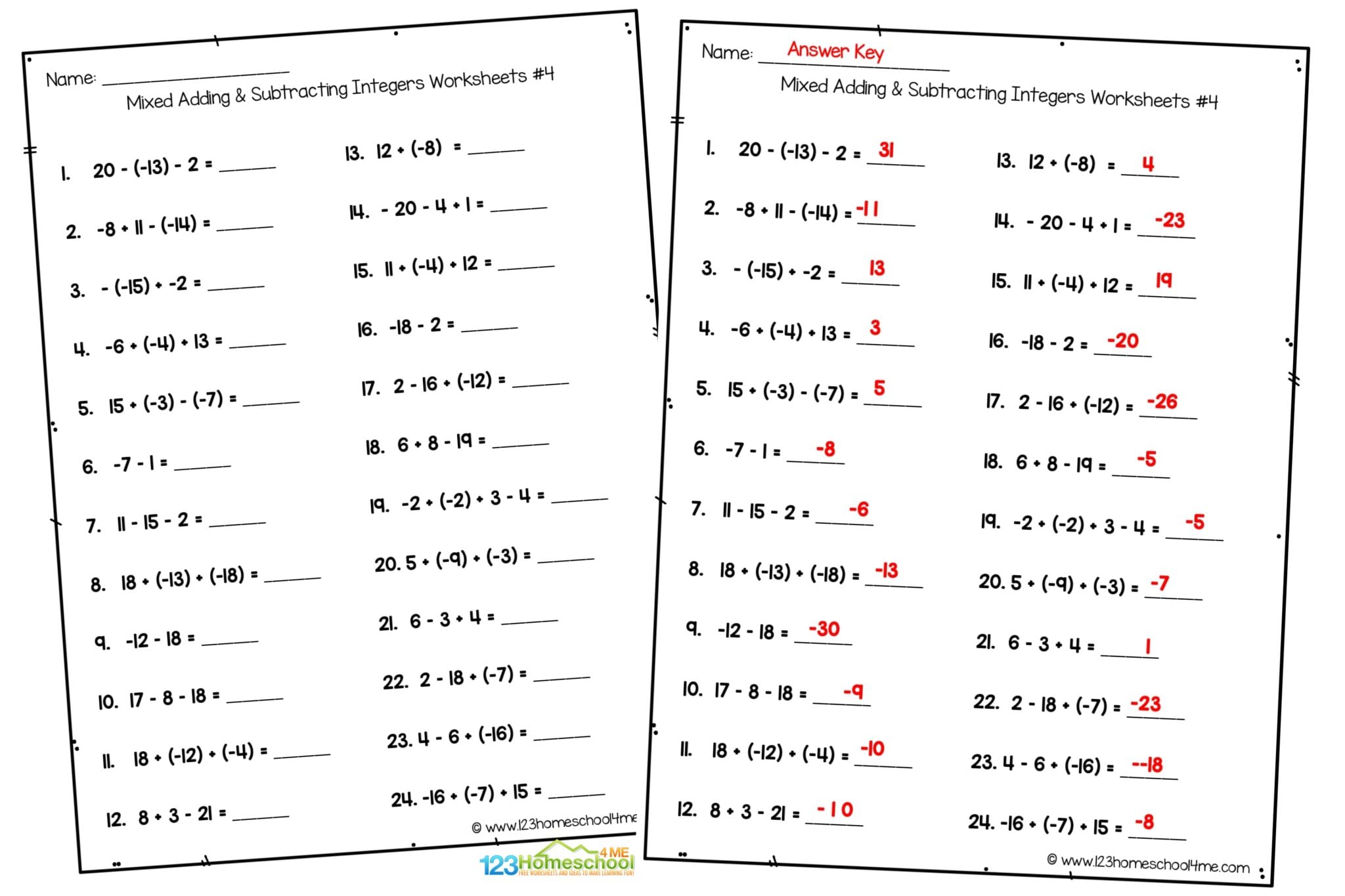 Integers Worksheets for Grade 7 Math