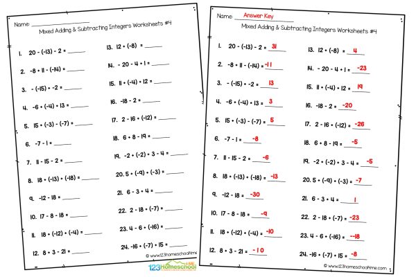Integers Worksheets for Grade 7 Math