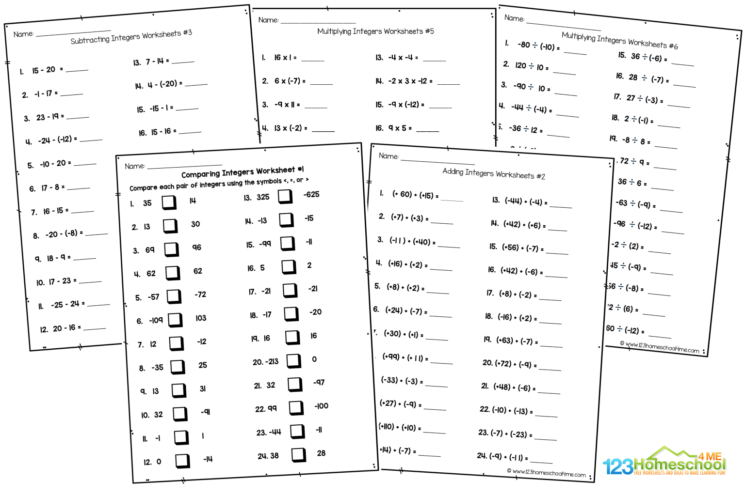Integers Worksheets for Grade 7 Math