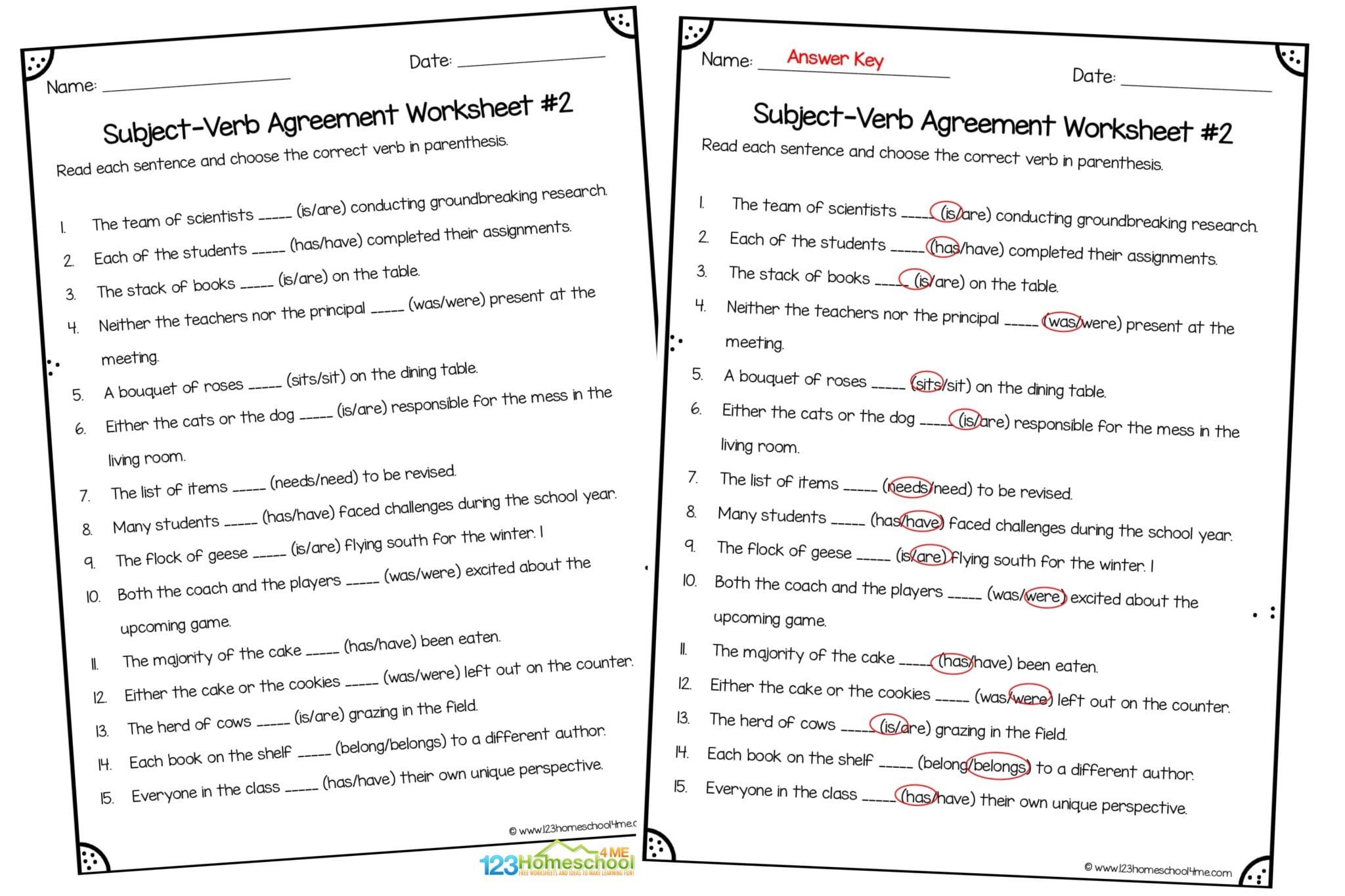 Subject Verb Agreement Worksheets with Answers pdf