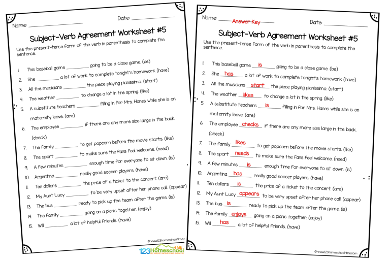 Subject Verb Agreement Worksheets with Answers pdf