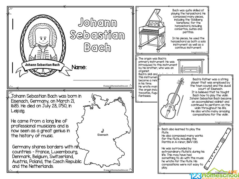 Music Composer Bach for Kids - Mini Book to Read, Color & Learn