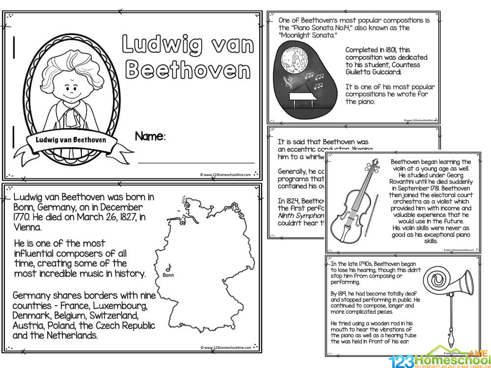 Music Composer Beethoven for Kids - Mini Book to Read, Color & Learn