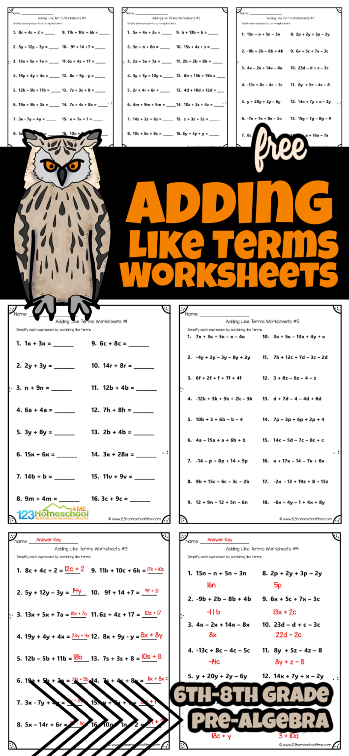 Adding Like Terms Worksheet - Pre-Algebra Worksheets for 6th, 7th, 8th ...
