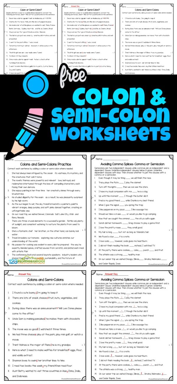 FREE Colon and Semicolon Worksheets with Answer Key