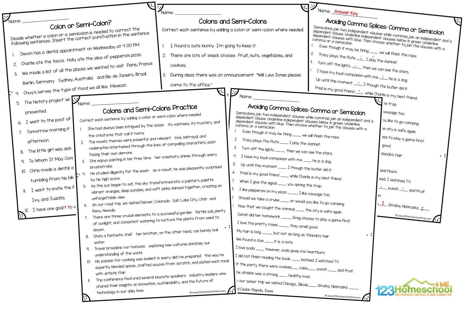 FREE Colon and Semicolon Worksheets with Answer Key