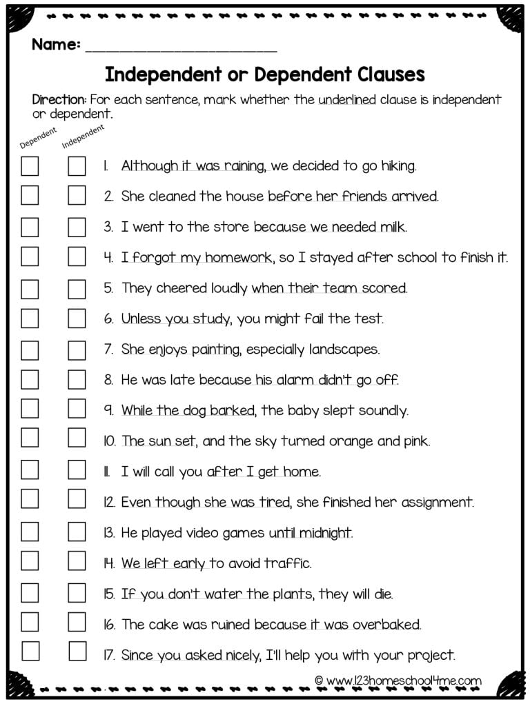 Independent and Dependent Clause Worksheets