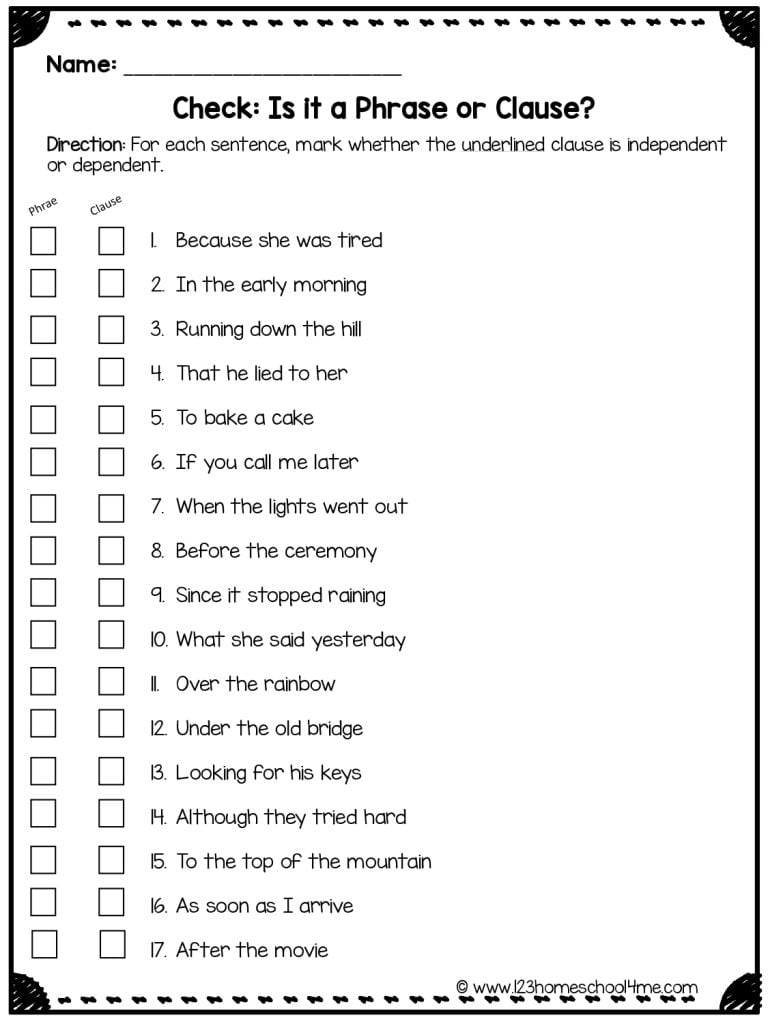 Phrases and Clauses Exercises - Free Worksheets for 7th-12th Grade