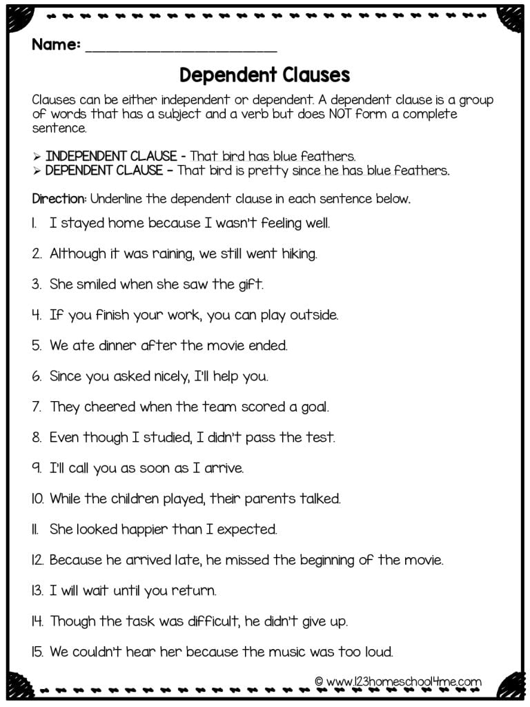 Phrases and Clauses Exercises - Free Worksheets for 7th-12th Grade