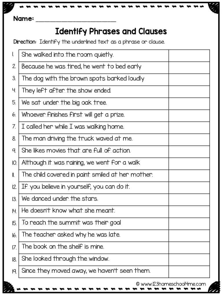 Phrases and Clauses Exercises - Free Worksheets for 7th-12th Grade