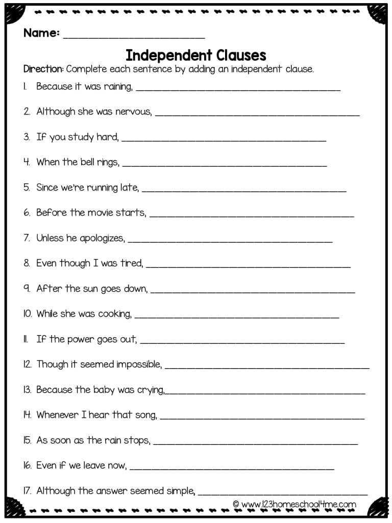 Phrases and Clauses Exercises - Free Worksheets for 7th-12th Grade